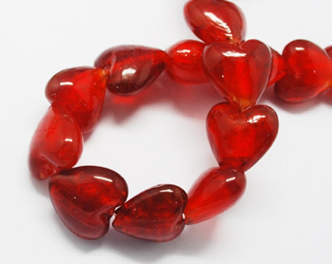 12mm Red Glass Heart, Red Heart Beads, Handmade Gold Foil Glass ...