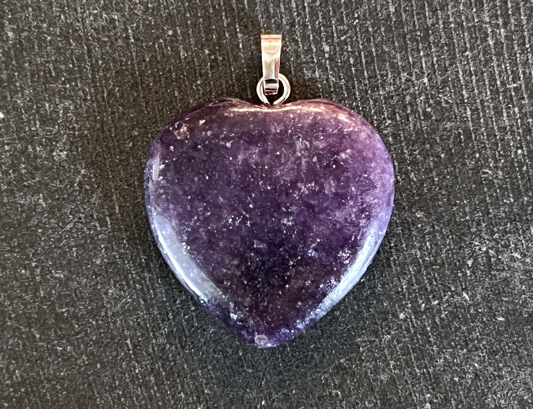 25mm Lepidolite Heart Purple Heart Stone Pendant 32x25x6mm Natural ...