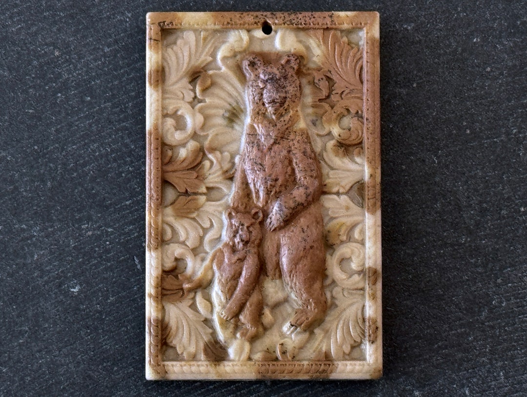 53mm Carved Stone Bears Pendant Brown Tan Ribbon Jasper Natural ...