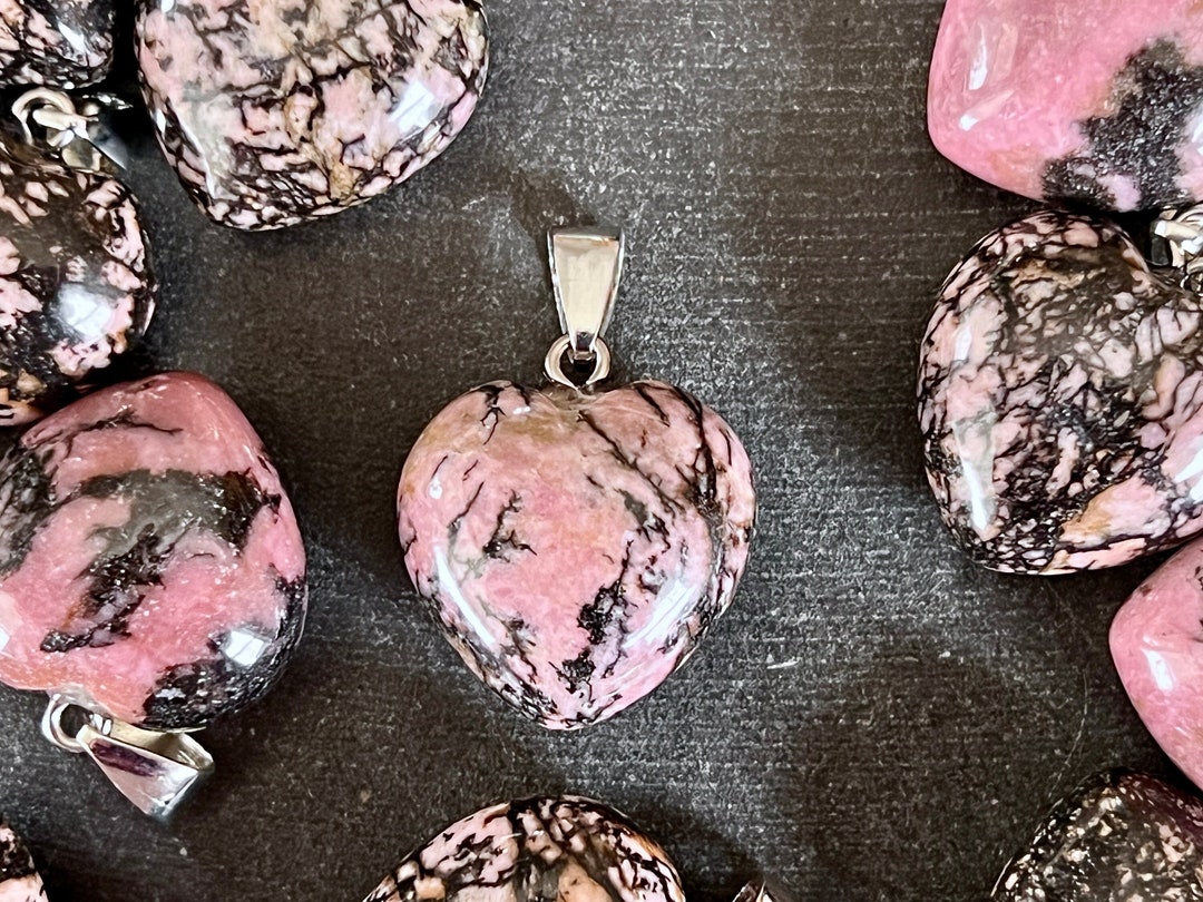 20mm Puffed Rhodonite Heart Pendant, Pink Black Heart 20x20x12mm ...