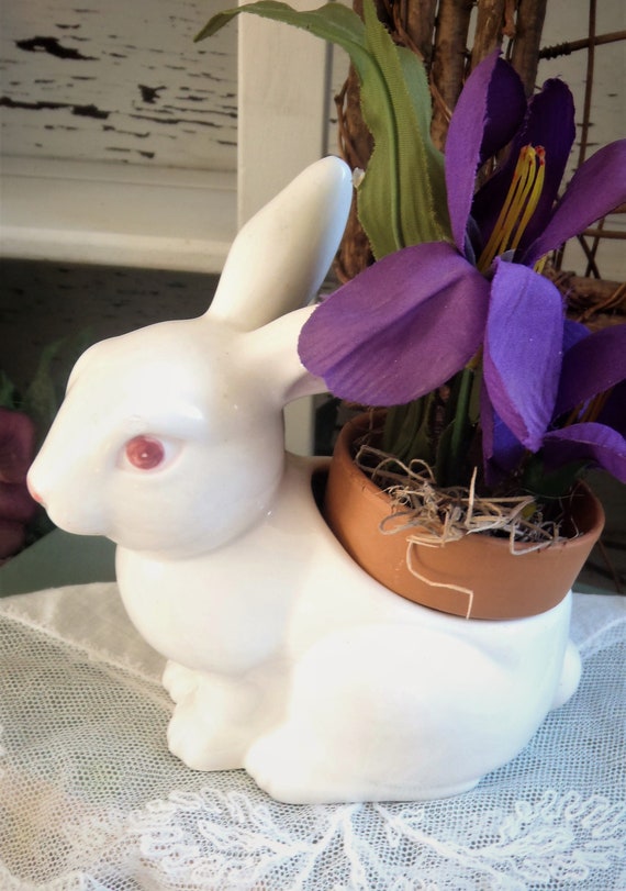 White Rabbit With Pink Eyes Nose & Ears Planter Plant Pot | Etsy