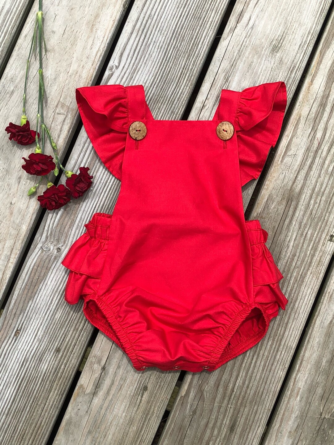 Button Ruffle Romper, Red Newborn Vintage Ruffle Romper, Christening ...
