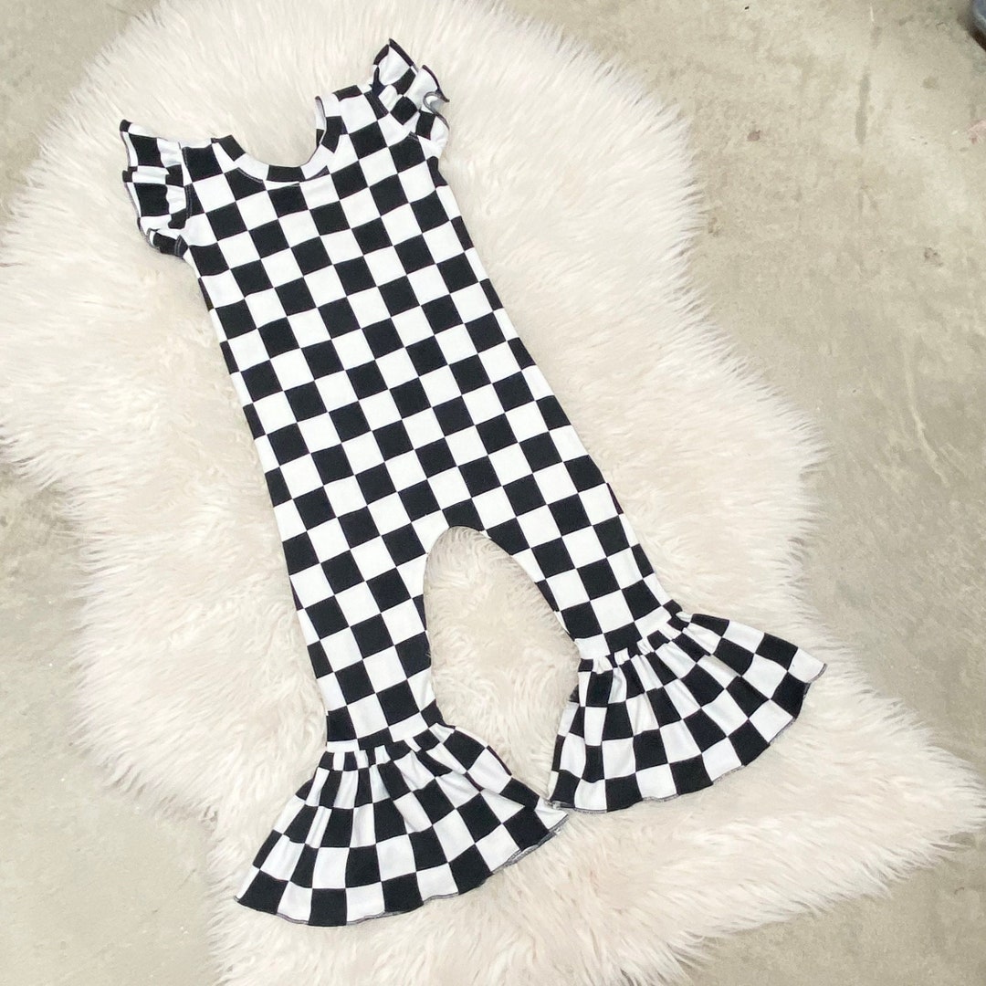 Black White Checkered Baby Girl Belle Romper Matching Headband Set, Two ...