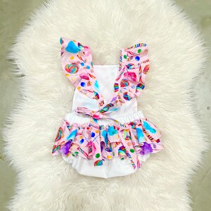 Candy Themed First Birthday Ruffle Butt Romper, Newborn Vintage Ruffle Romper, Sugar Candy Girls ...