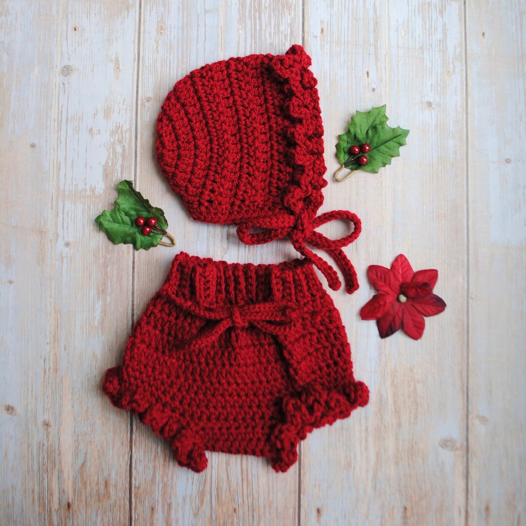 Ruby Deep Red Knit Crochet Christmas Holiday Ruffle Bonnet Bloomers for ...