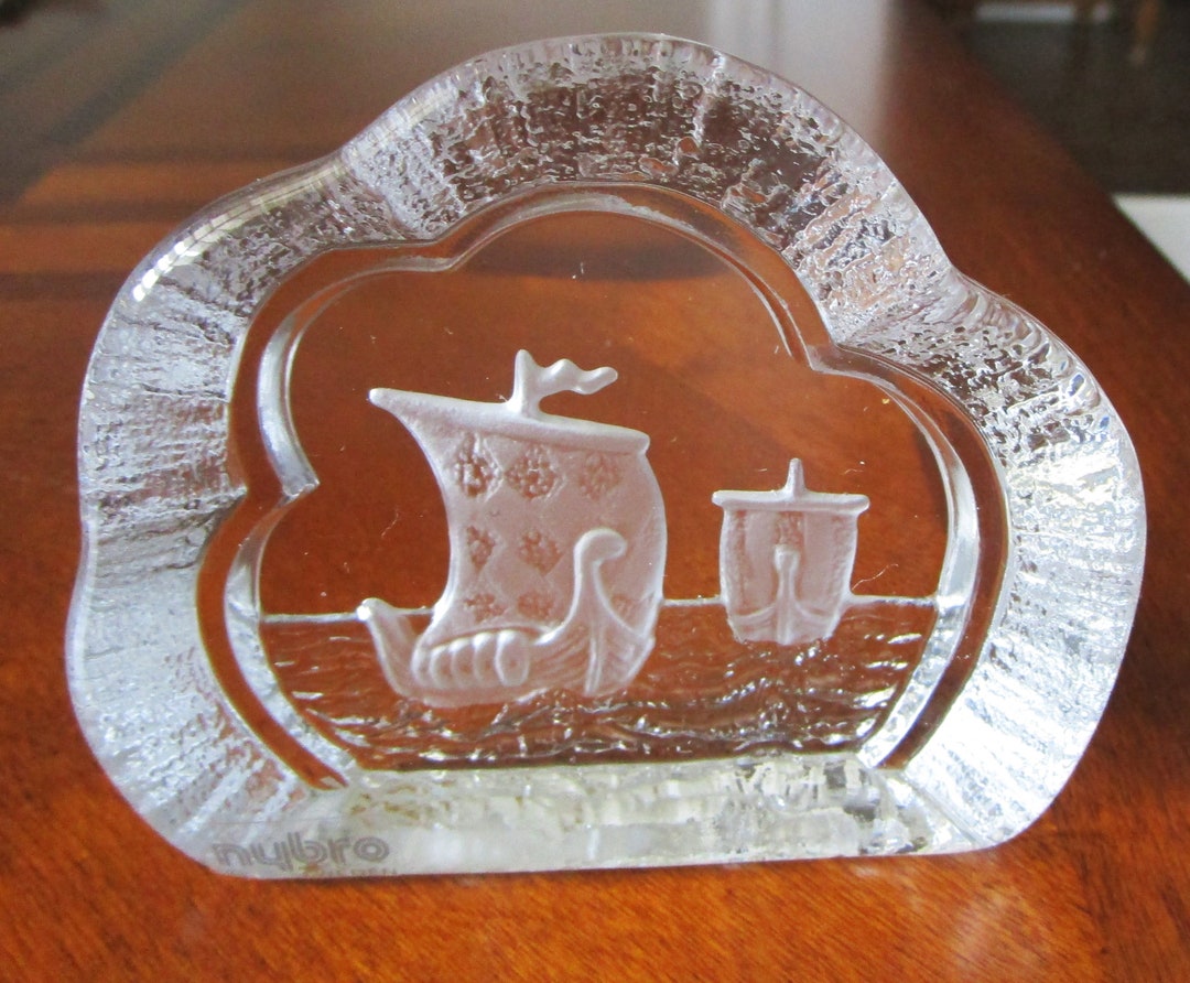 Nybro Sweden Crystal Paperweight Carved Sculpture Viking Tall Ships ...