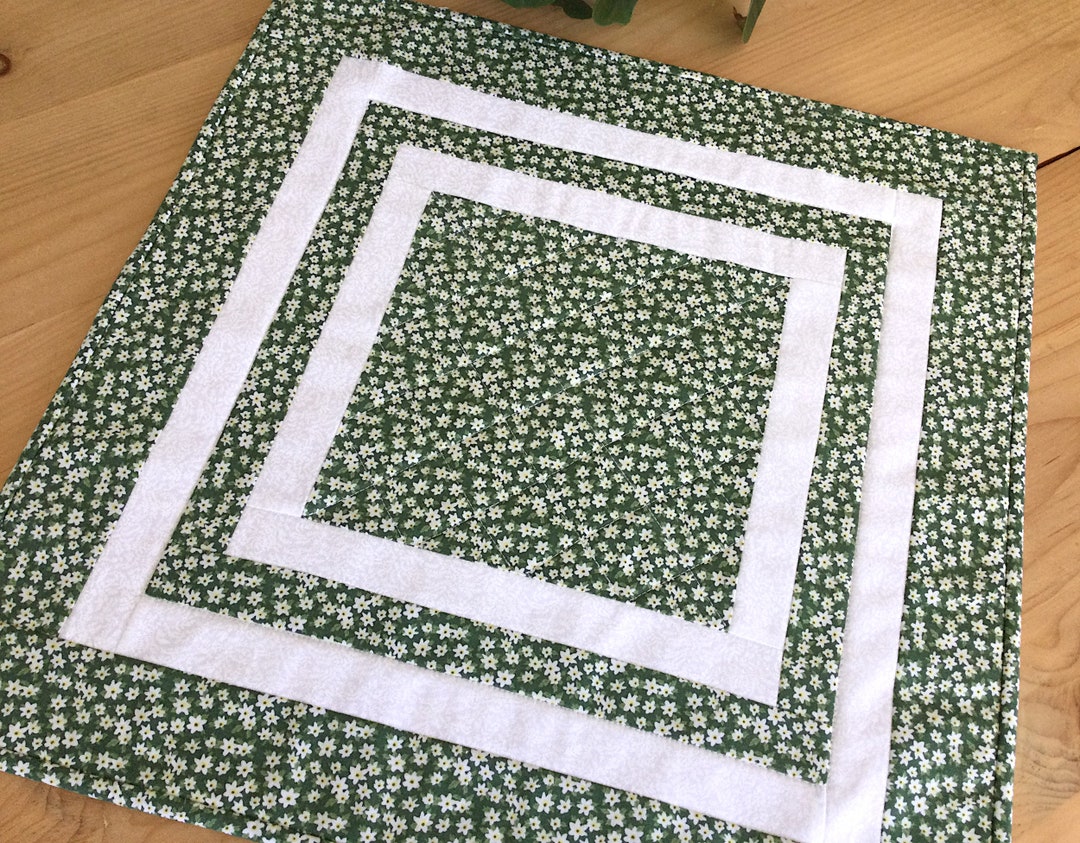 Green Quilted Table Topper Handmade Square Green and White Floral Table ...