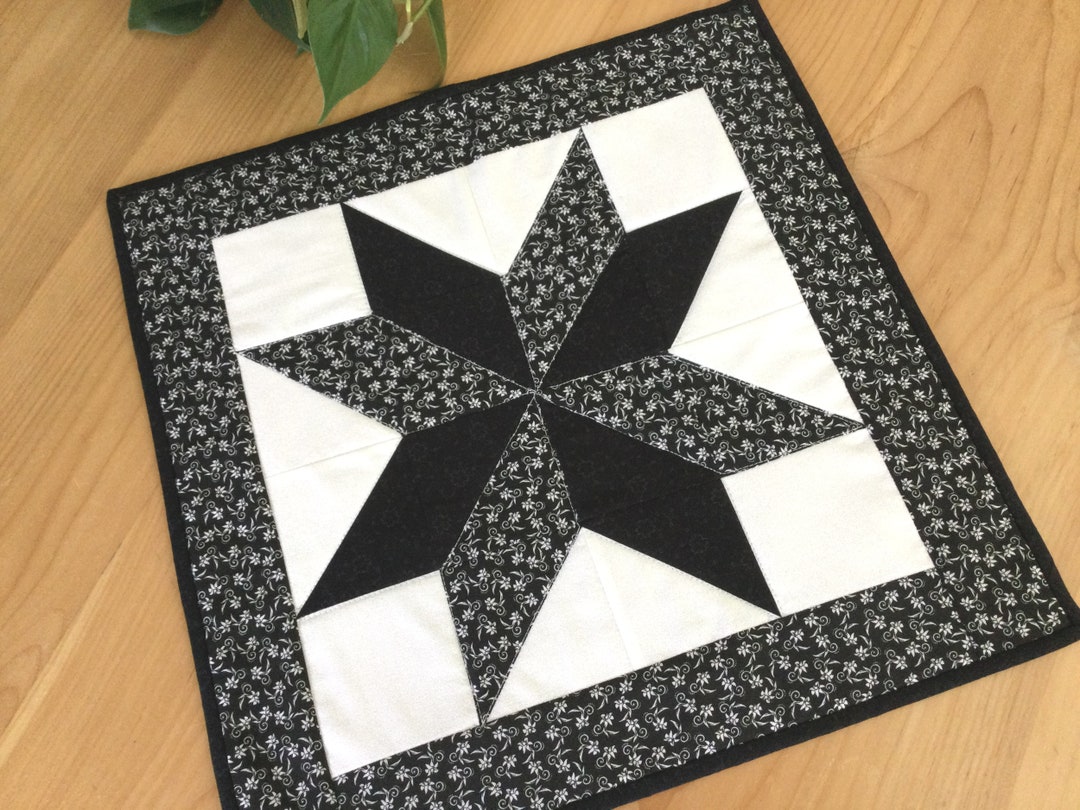 Black Quilted Table Topper Handmade Quilted Square Black and White Star ...
