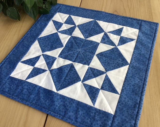 Blue Quilted 16 Table Topper Handmade Blue and White Geometric Star ...