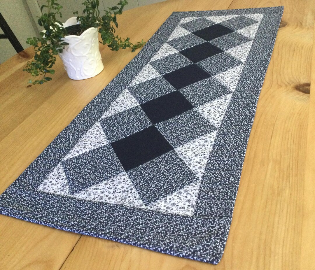 Navy Blue Quilted Table Runner Handmade Blue and White Rectangle ...