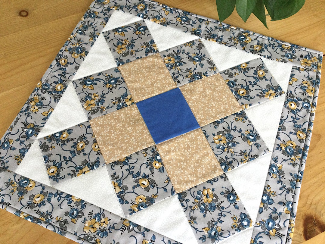 Quilted Table Topper Blue Gray and Tan Handmade Square Patchwork Table ...