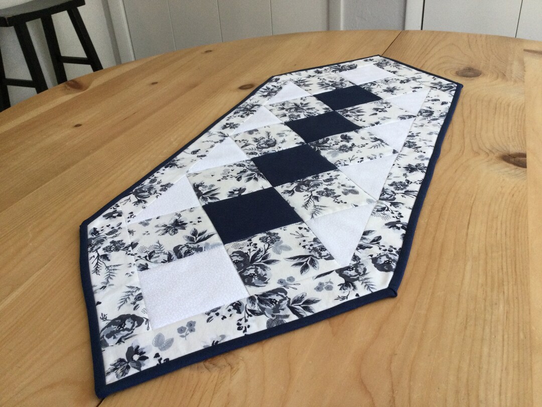 Blue Quilted Table Runner Handmade Navy Blue and White Patchwork Floral ...