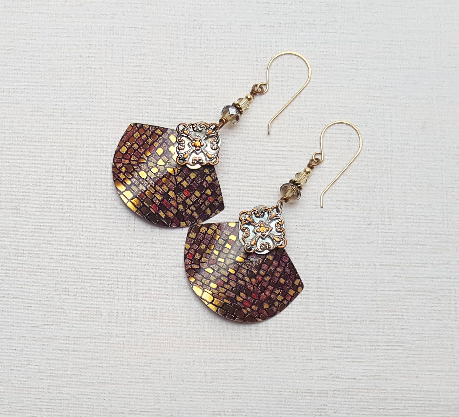 Fan Earrings Upcycled Metal Recycled Tin Mother of Pearl - Etsy