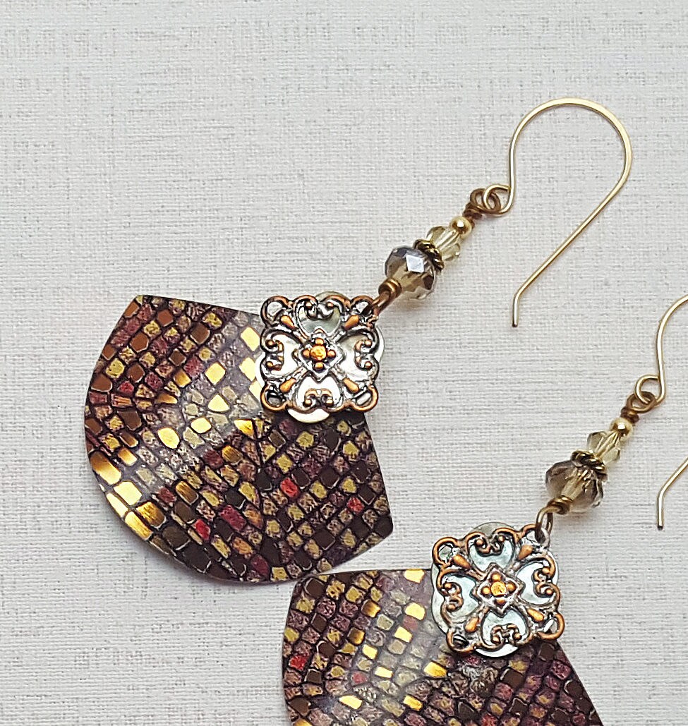 Fan Earrings Upcycled Metal Recycled Tin Mother of Pearl - Etsy