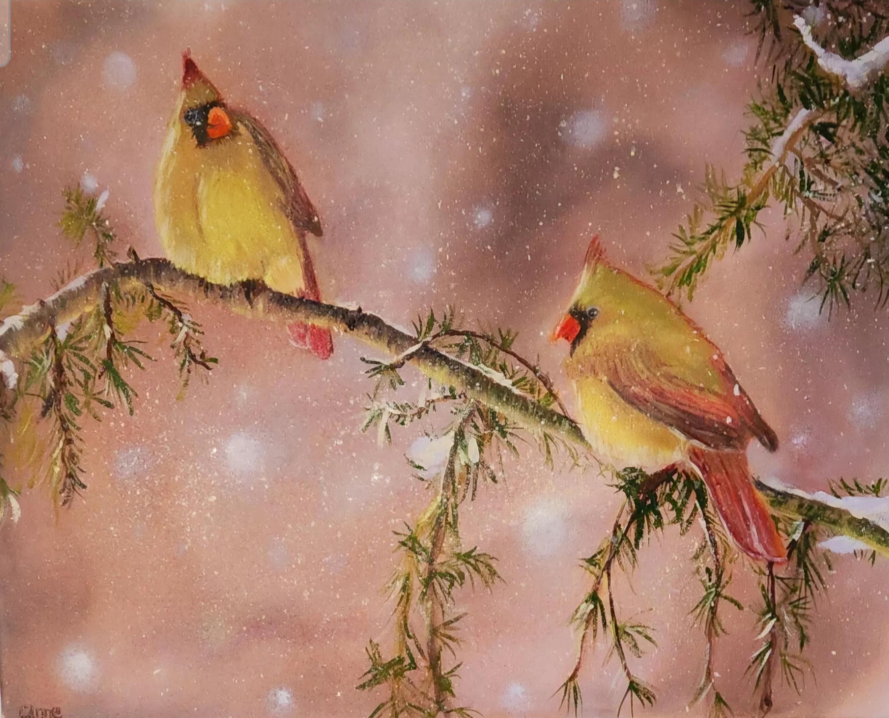 Cardinal Birds Winter Landscape Scene Original Oil Painting 16x20 Inch ...