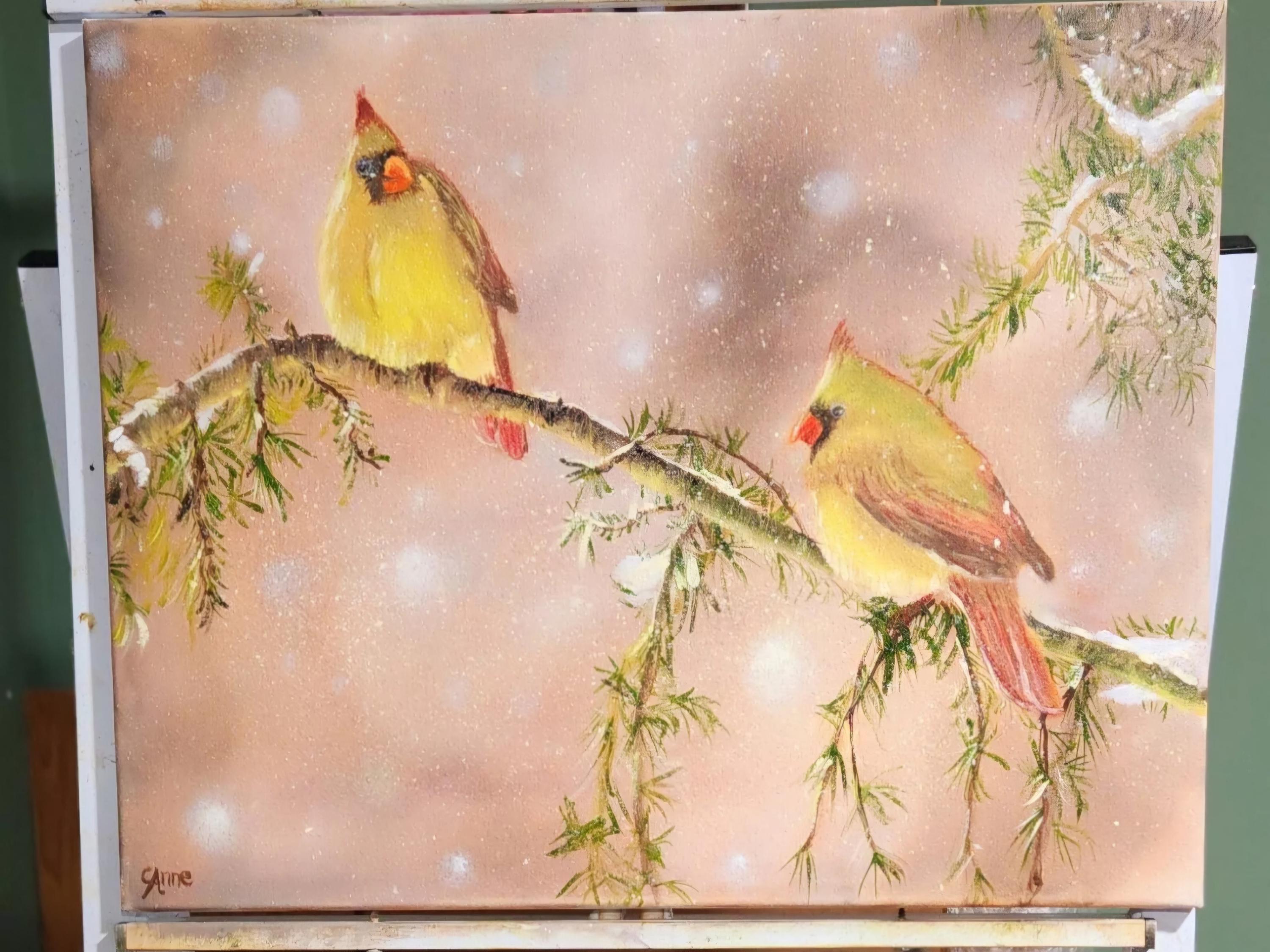 Cardinal Birds Winter Landscape Scene Original Oil Painting 16x20 Inch ...