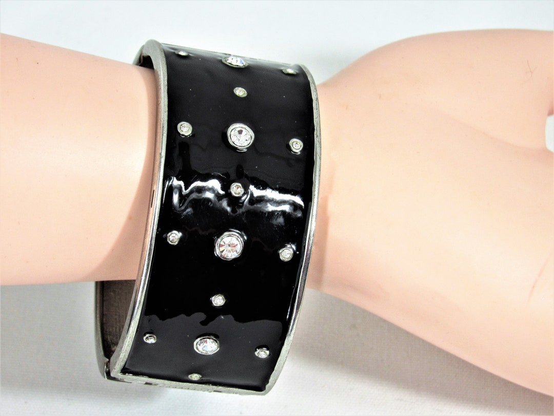 Black Enamel Cuff, Bezel Rhinestones Cuff, Rhinestone Cuff, Rhinesetone ...