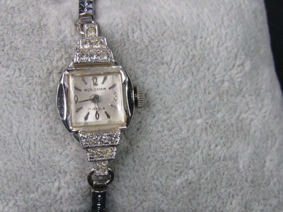 Vintage 1950's WOLDMAN Women's Silver Tone With Clear Rhinestones Watch ...