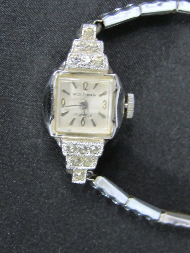 Vintage 1950's WOLDMAN Women's Silver Tone With Clear Rhinestones Watch ...
