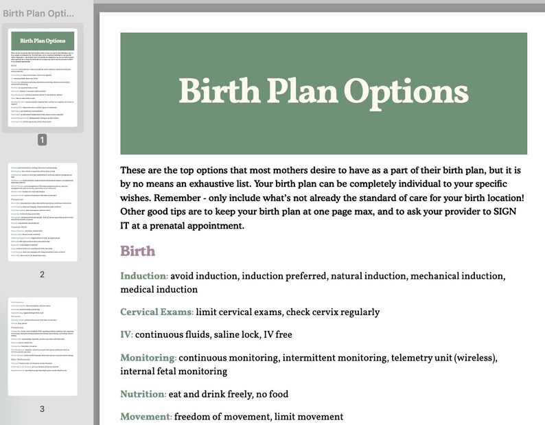 Detailed Birth Plan Options List | Know Your Options Before You Birth ...