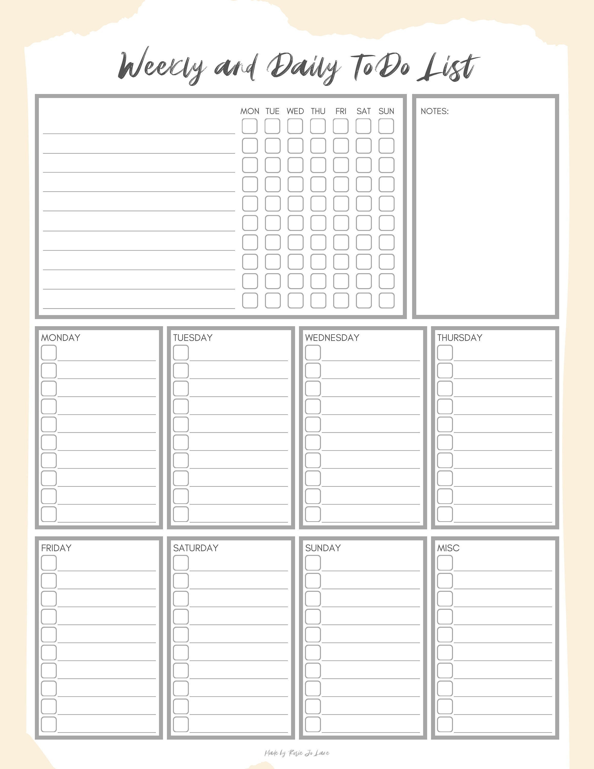 Weekly & Daily Checklist, Fillable PDF, Printable Checklist, Task ...
