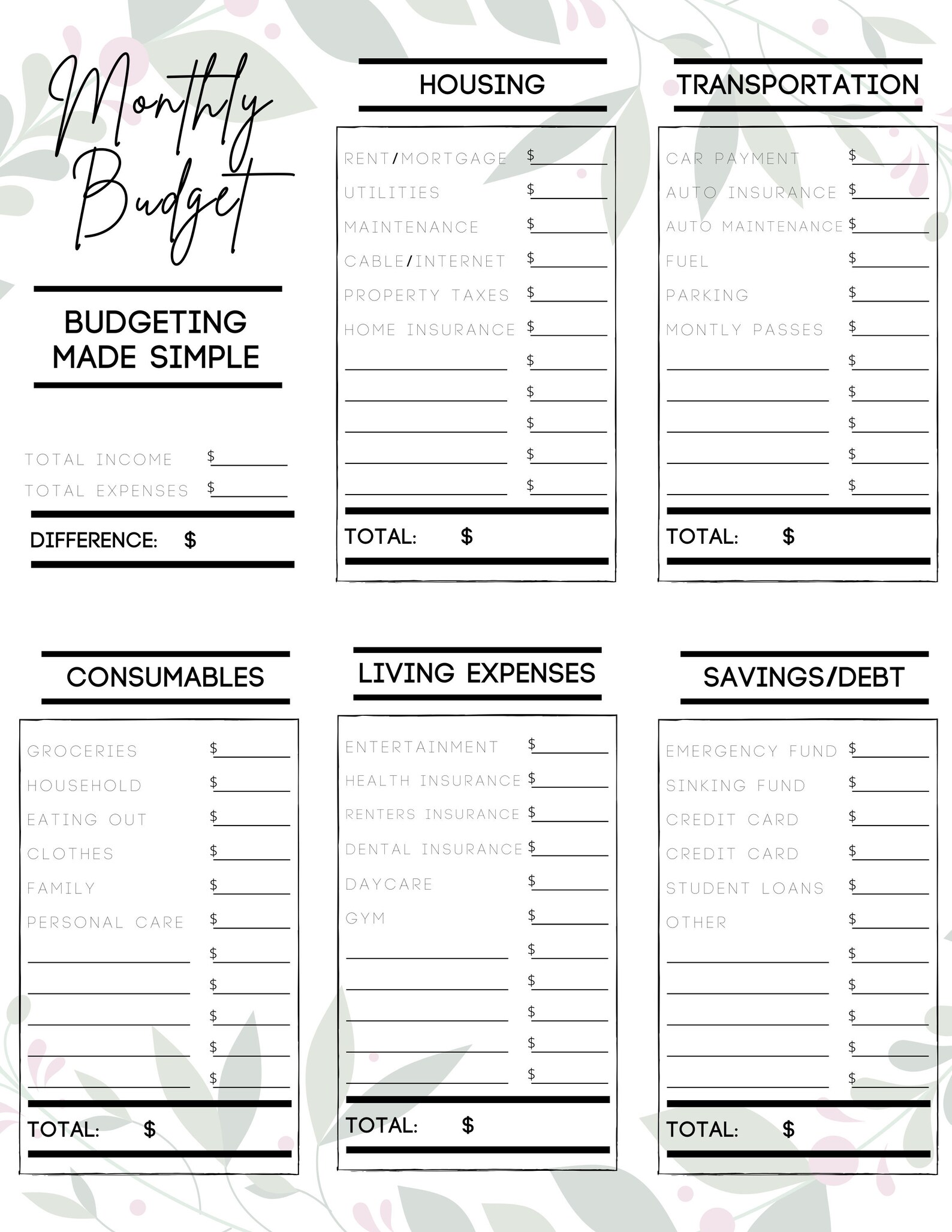 Monthly Budget, Simple Budget, Budget, PDF Budget, Finance Log, Expense ...