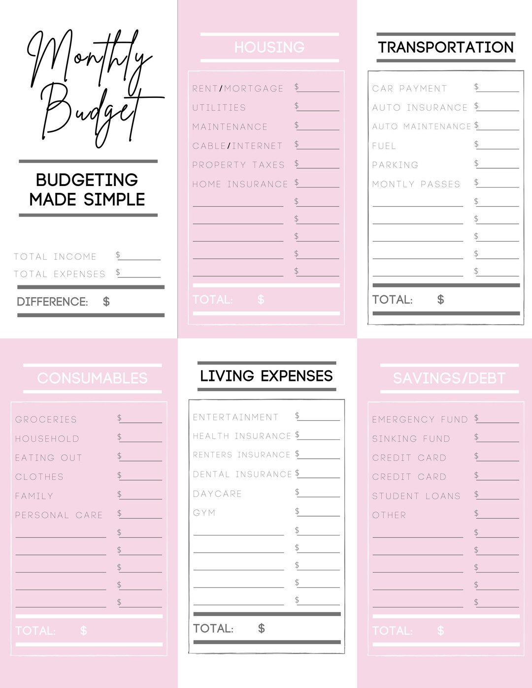 Monthly Budget, Simple Budget, Budget, Pink & White Budget, Finance Log ...