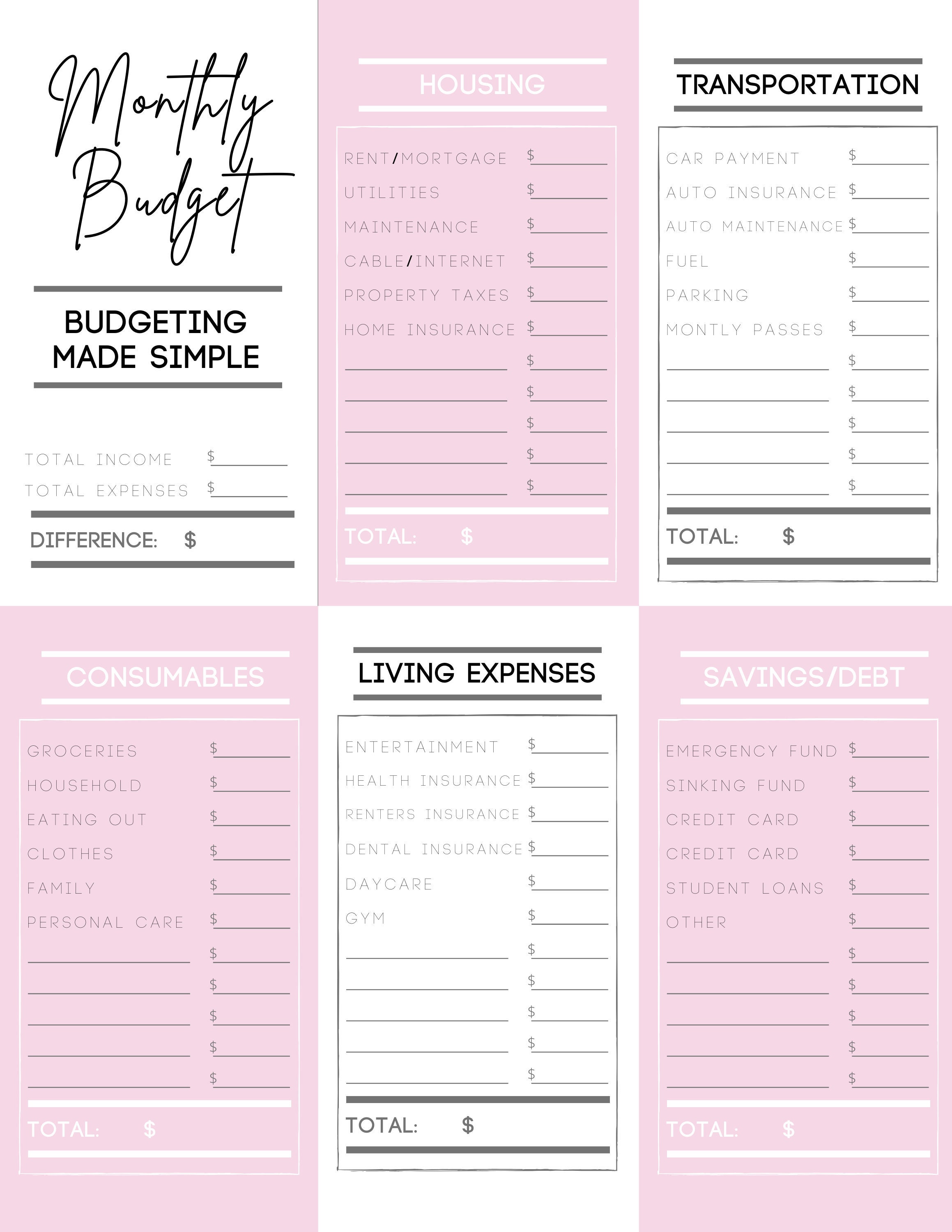 Monthly Budget Simple Budget Budget Pink & White Budget - Etsy