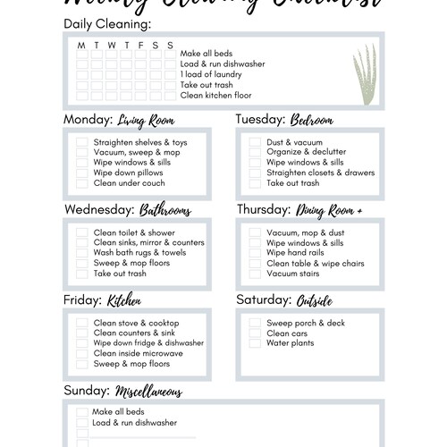 Personalized Weekly Cleaning Checklist Printable Cleaning - Etsy