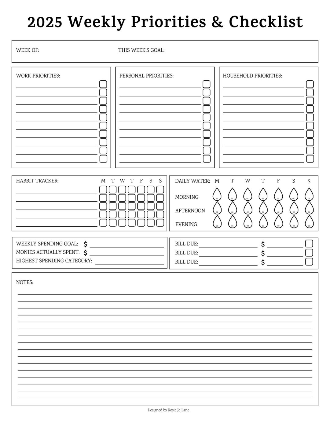 2025 Weekly Checklist, Weekly Priorities, Fillable PDF, Printable ...