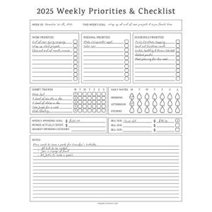 2025 Weekly Checklist, Weekly Priorities, Fillable PDF, Printable ...