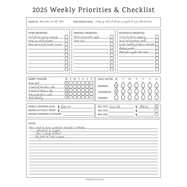 2025 Weekly Priorities Checklist: Habit & Water Tracker (fillable PDF ...