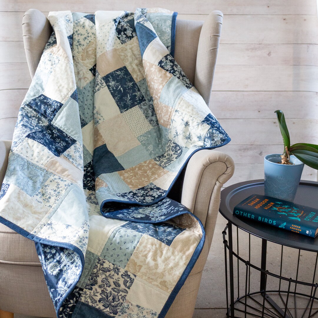 Handmade Quilts for Sale Blue, Tan & Cream Floral Patchwork Quilt ...