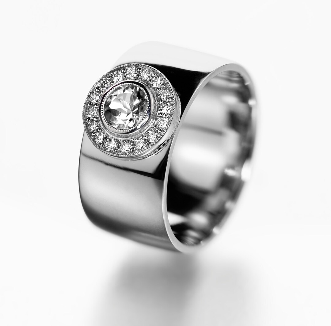 Unique Engagement Ring, Wide Engagement Ring, White Sapphire Halo Ring ...