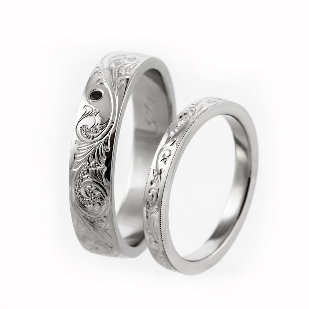 Unique Wedding Band Set, Hand Engraved Wedding Ring Set, Engraved ...