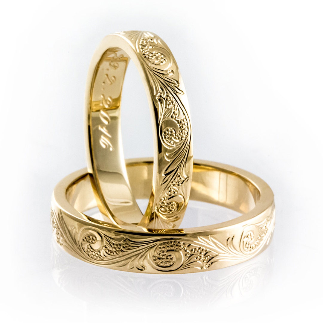 Matching Wedding Bands, Wedding Ring Set, Hand Engraved Wedding Bands ...