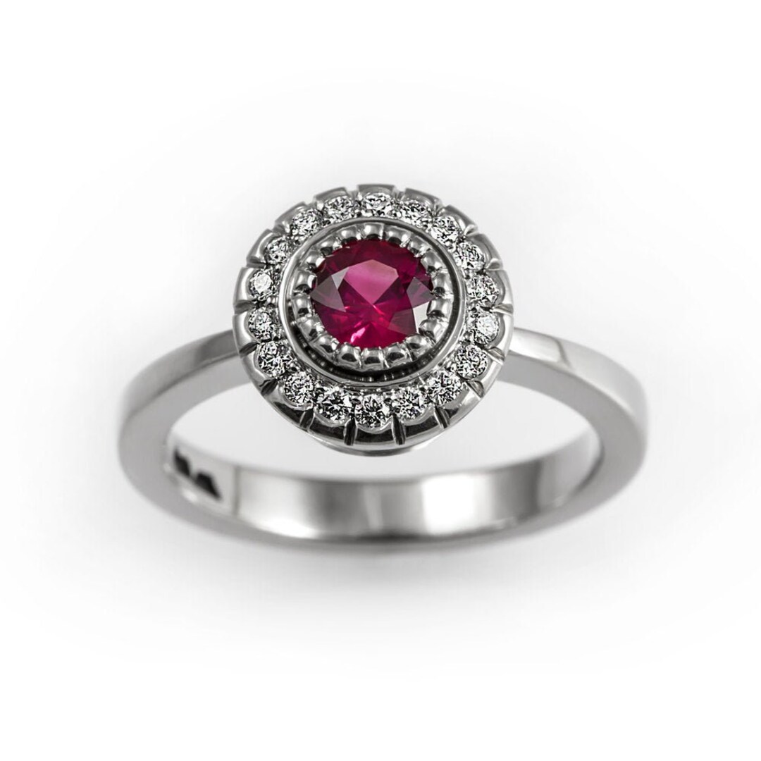 Unique Ruby Engagement Ring, Natural Ruby Ring, Diamond Halo Ring With ...