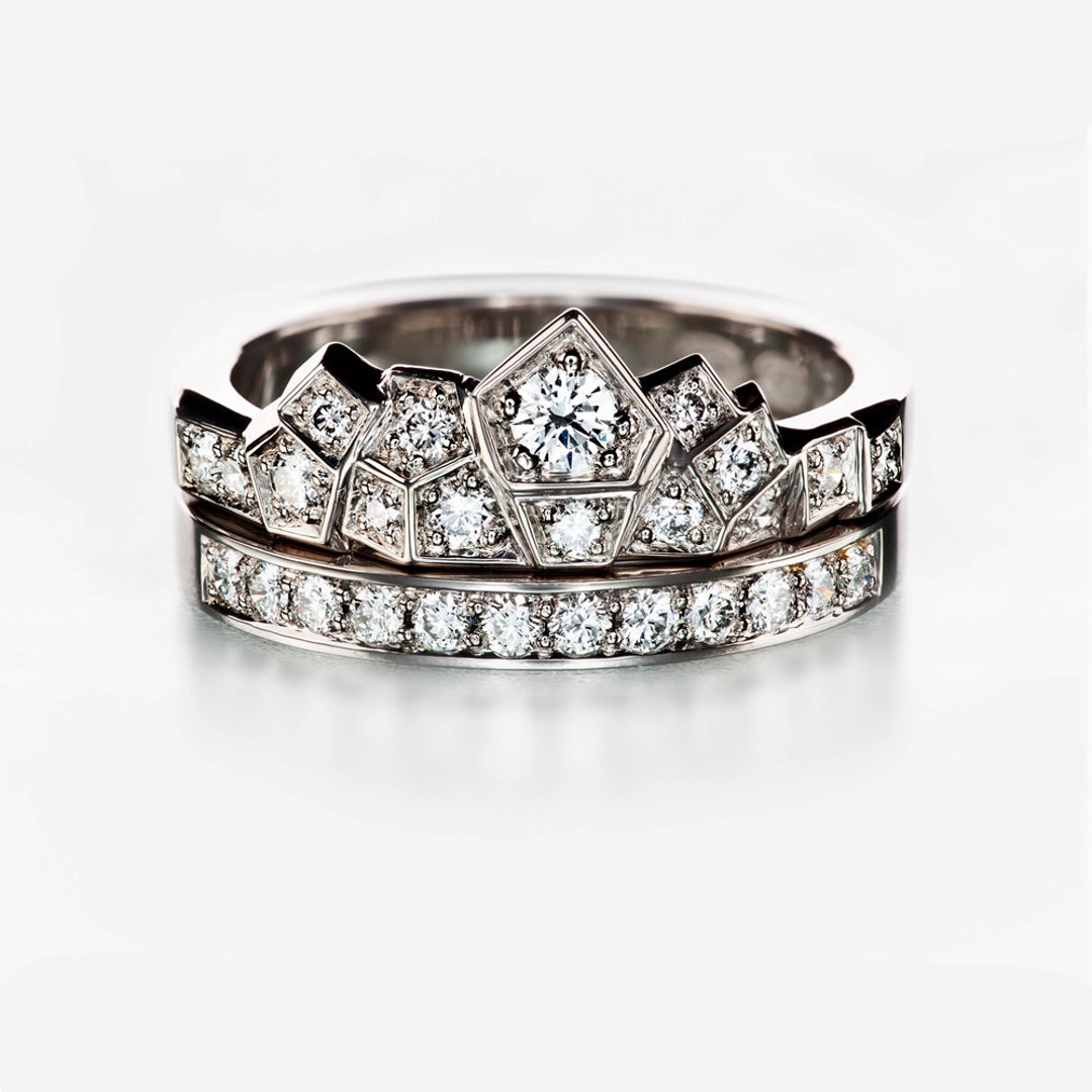 Crown Engagement Set, Modern Ring Set, Crown Wedding Set, Crown Ring ...