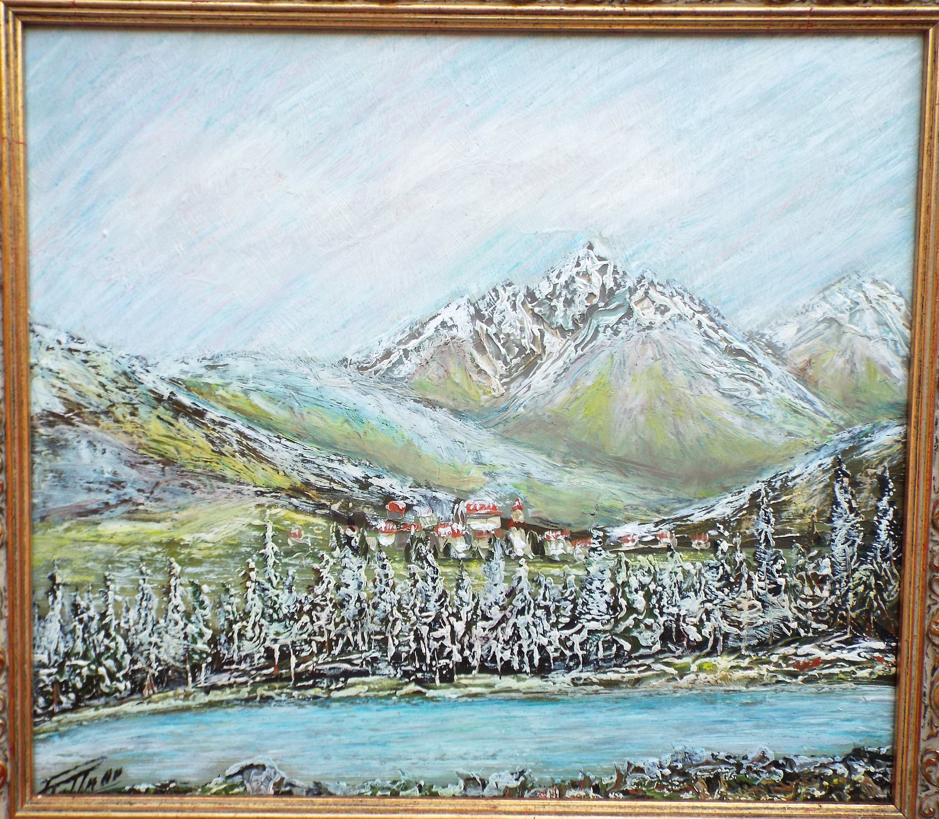 Swiss Alps Landscape Painting Signed Framed Mountain Art Impressionist ...