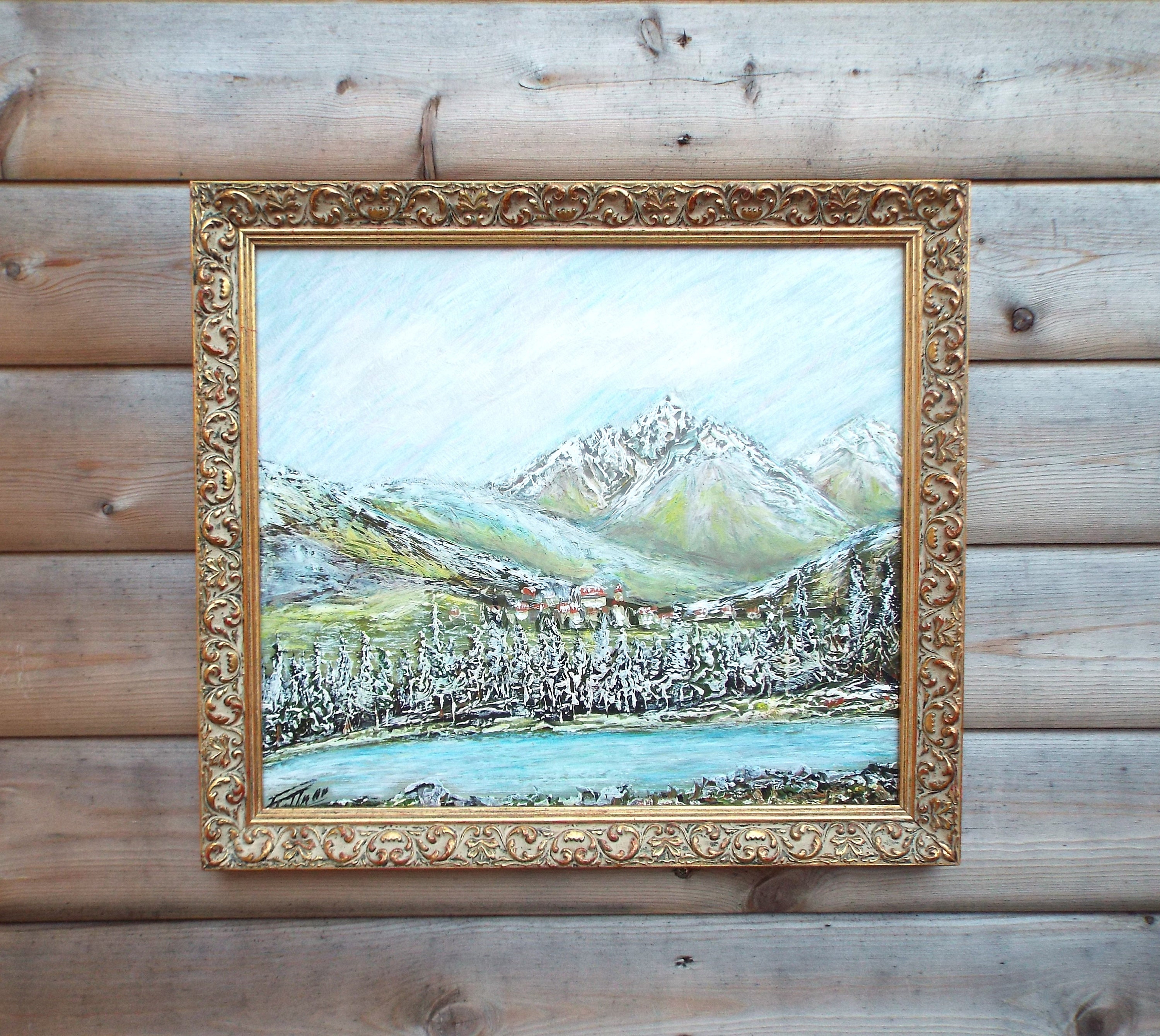 Swiss Alps Landscape Painting Signed Framed Mountain Art Impressionist ...
