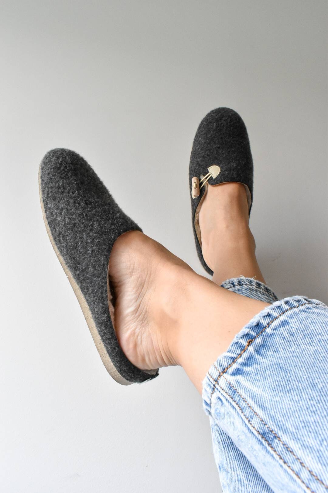Graphite Felt Mules With Cream Leather Details by Homieestudio - Etsy UK