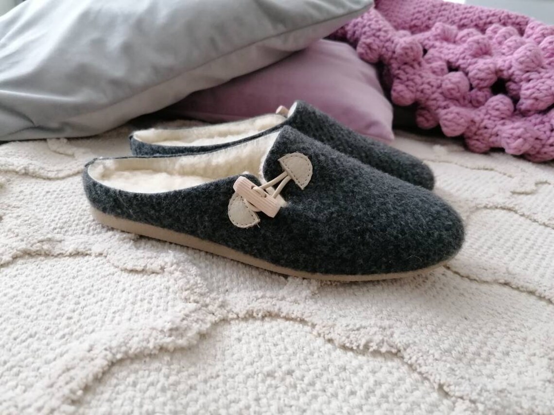 Graphite Felt Mules with cream leather details by HomieeStudio | Etsy