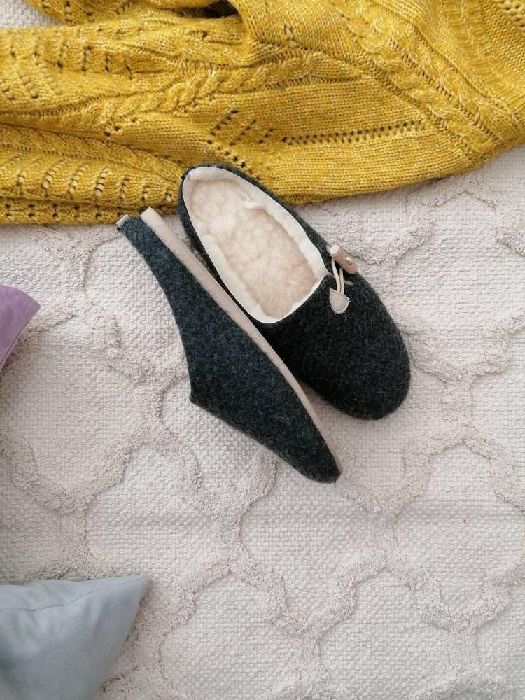 Graphite Felt Mules with cream leather details by HomieeStudio | Etsy