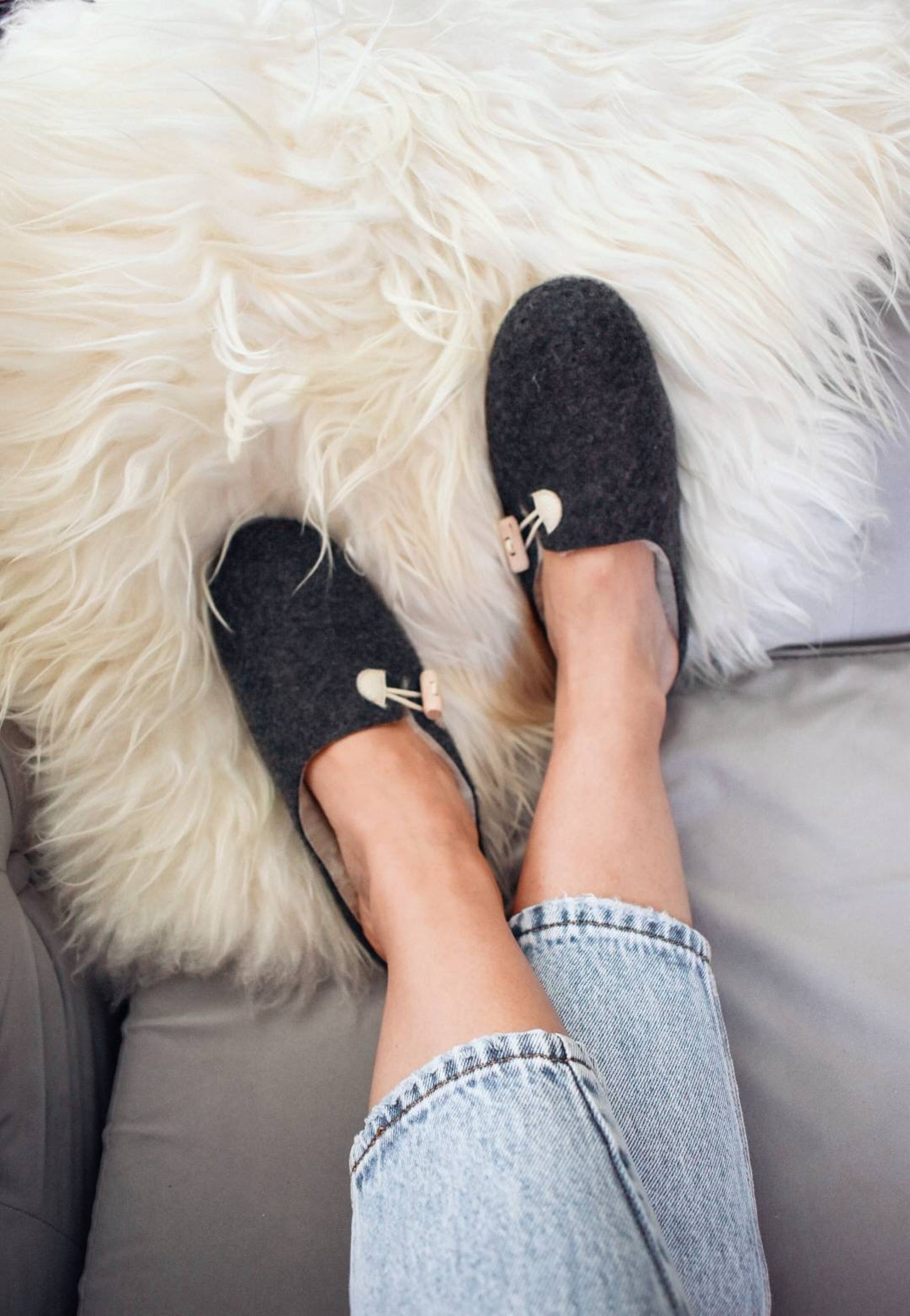 Graphite Felt Mules With Cream Leather Details by Homieestudio - Etsy UK