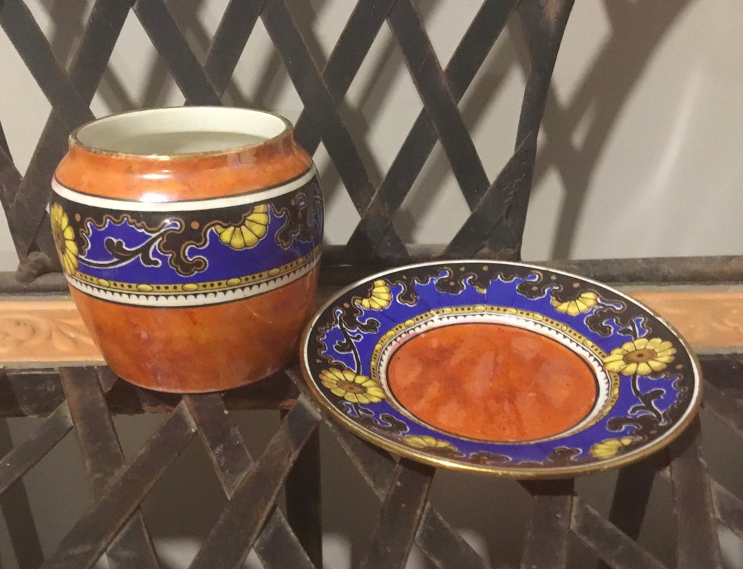 Grimwades Winton Ware Small Jar and Dish, Orange and Blue - Etsy