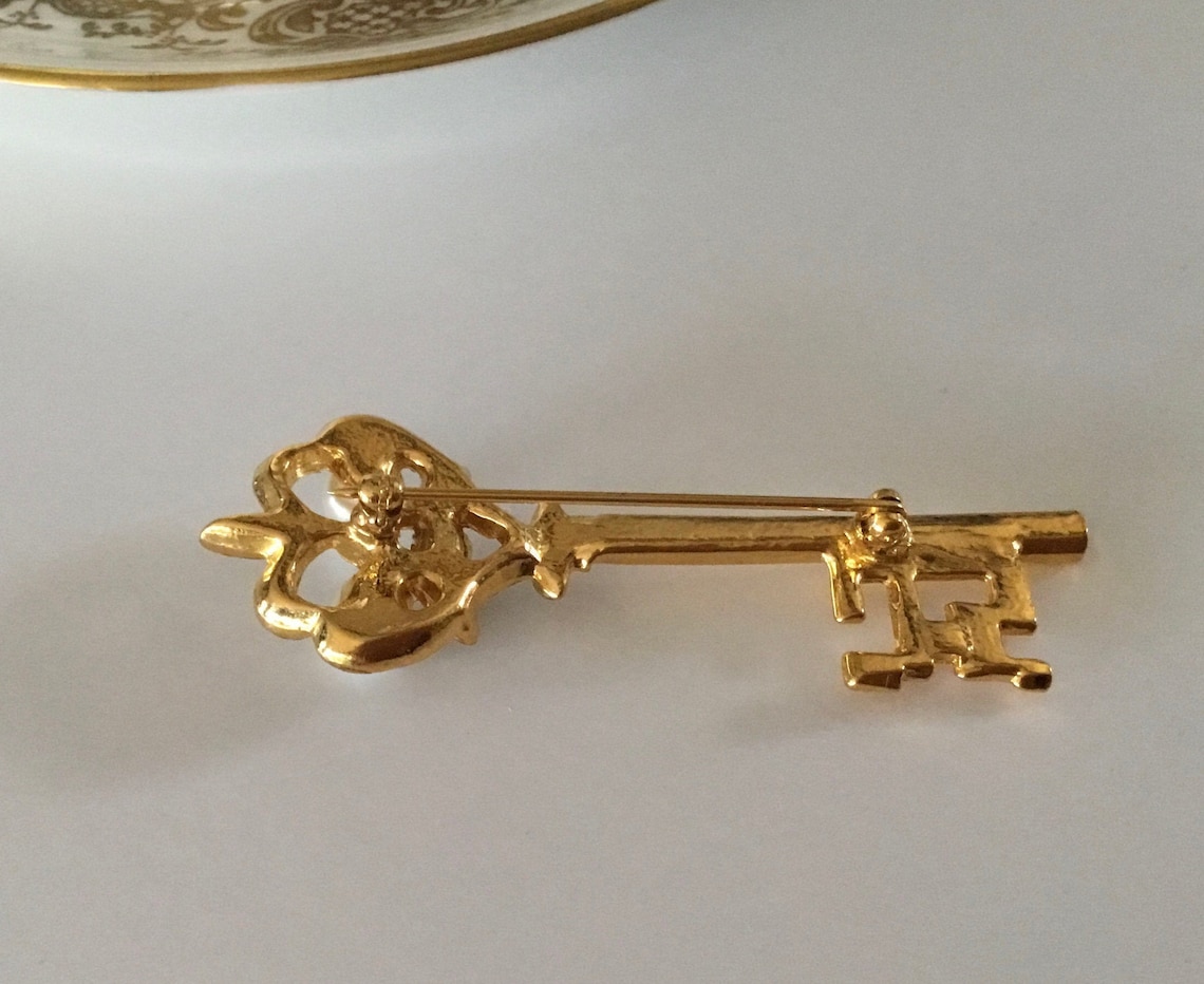 Vintage Key Brooch With Faux Pearls and Rhinestones Gold-tone - Etsy