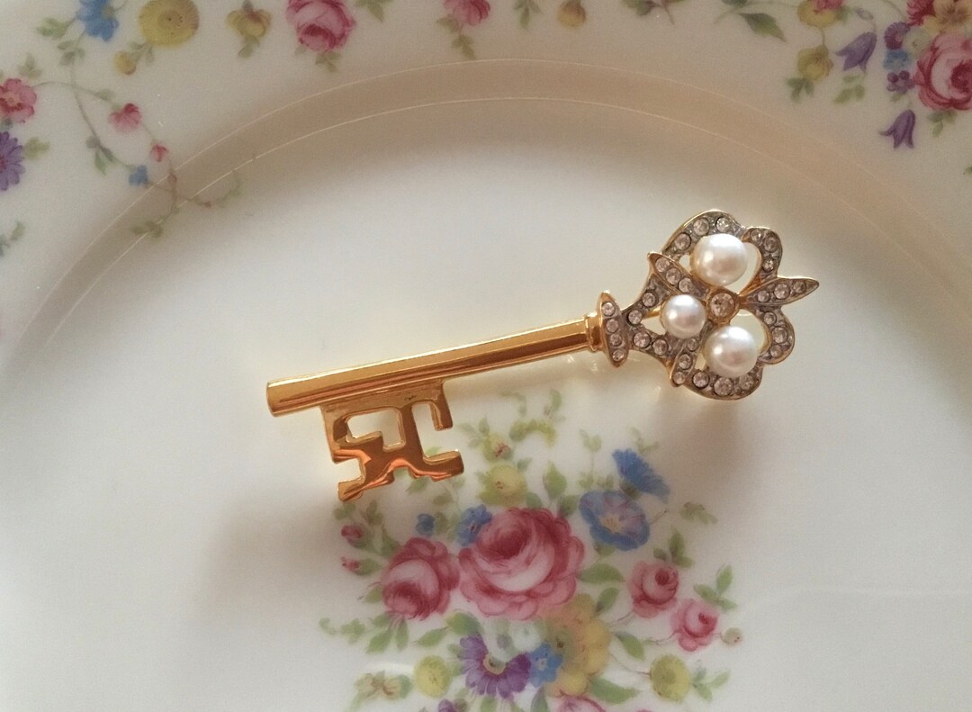 Vintage Key Brooch With Faux Pearls and Rhinestones, Gold-tone Finish ...