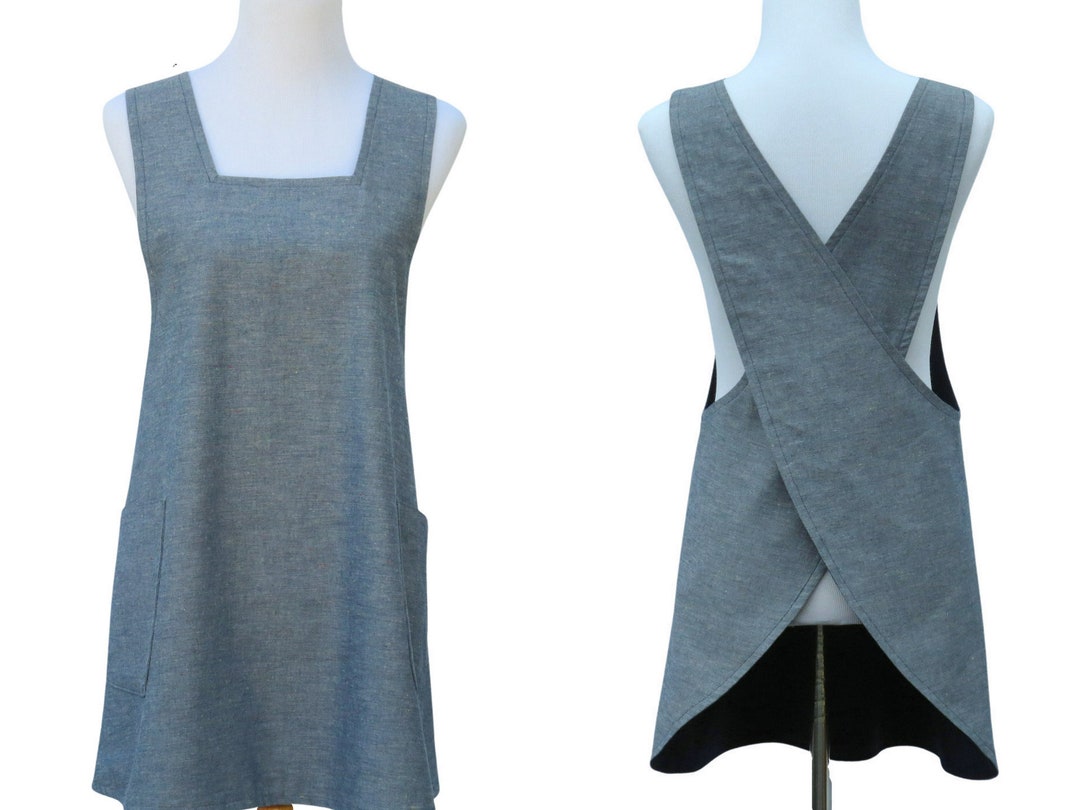 Plus Size Blue Japanese Style Apron, Chambray Cross Back No Ties Apron ...