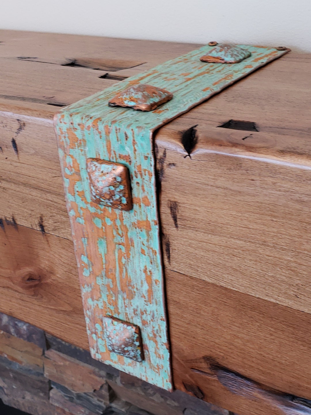 Fireplace Floating Shelf Mantel Salvaged Patina Copper Straps & Nails 8 ...