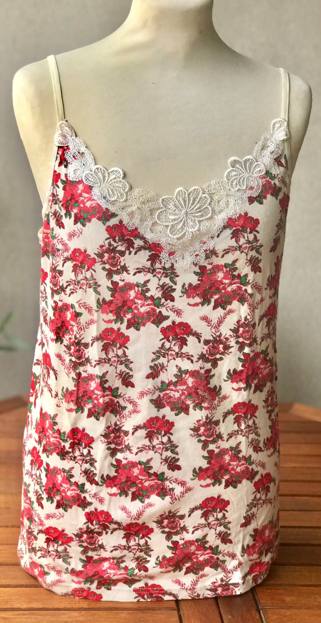 Top, Tank Top, Thin Straps Top, Stretchy Cotton, Floral Print, Red and ...